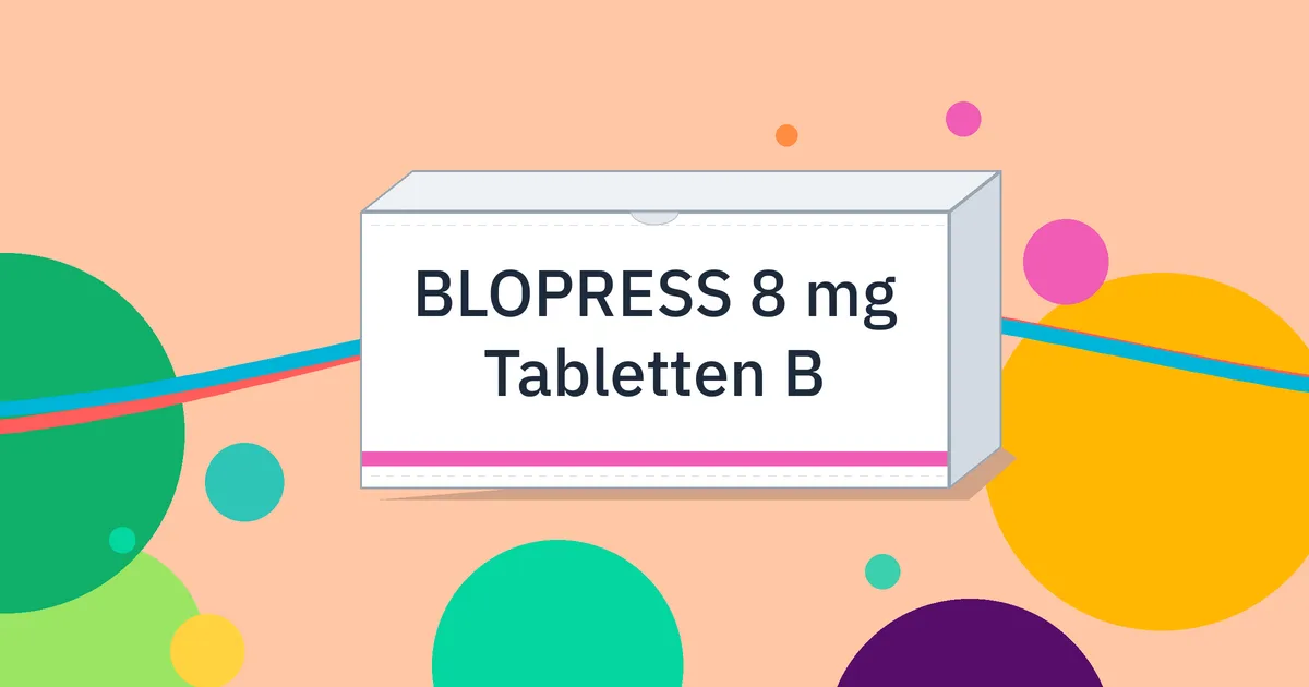 Symbolbild: Packung mit der Aufschrift BLOPRESS 8 mg Tabletten B (PZN 04392267) – Verfügbarkeit und Bezug in Apotheken in Frankfurt am Main