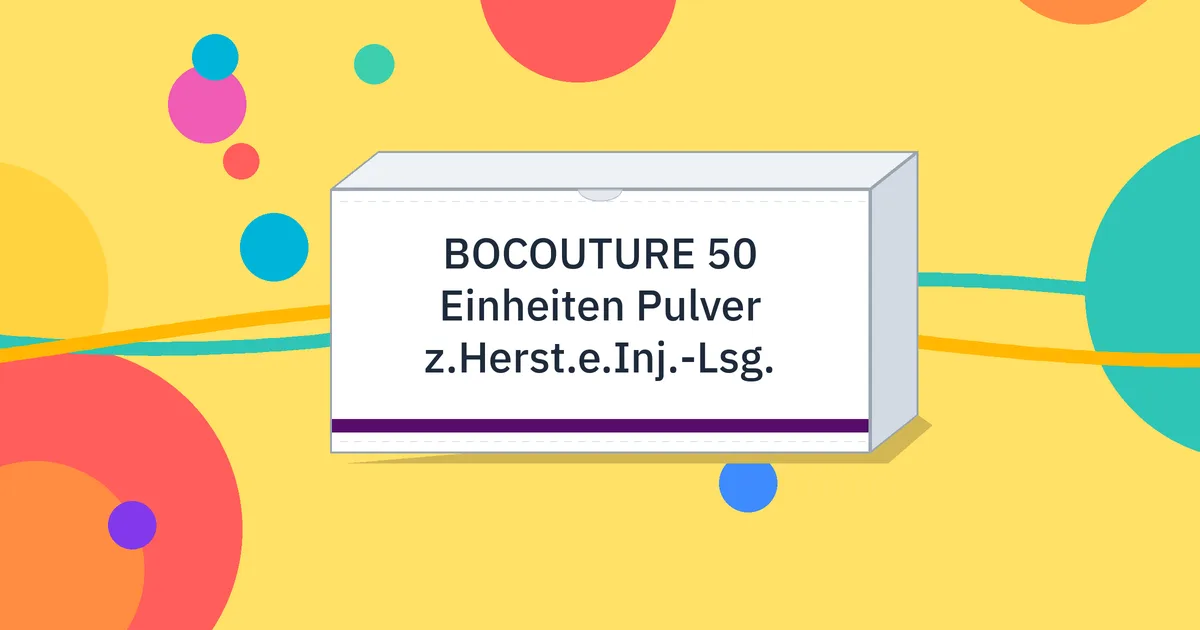 Symbolbild: Packung mit der Aufschrift BOCOUTURE 50 Einheiten Pulver z.Herst.e.Inj.-Lsg. (PZN 03979786) – Verfügbarkeit und Bezug in Apotheken in Frankfurt am Main