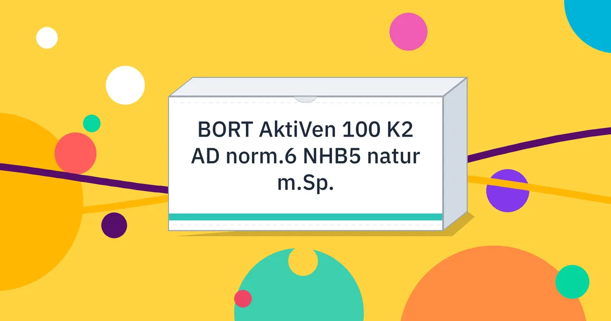 Symbolbild: Packung mit der Aufschrift BORT AktiVen 100 K2 AD norm.6 NHB5 natur m.Sp. (PZN 17494006) – Verfügbarkeit und Bezug in Apotheken in Frankfurt am Main