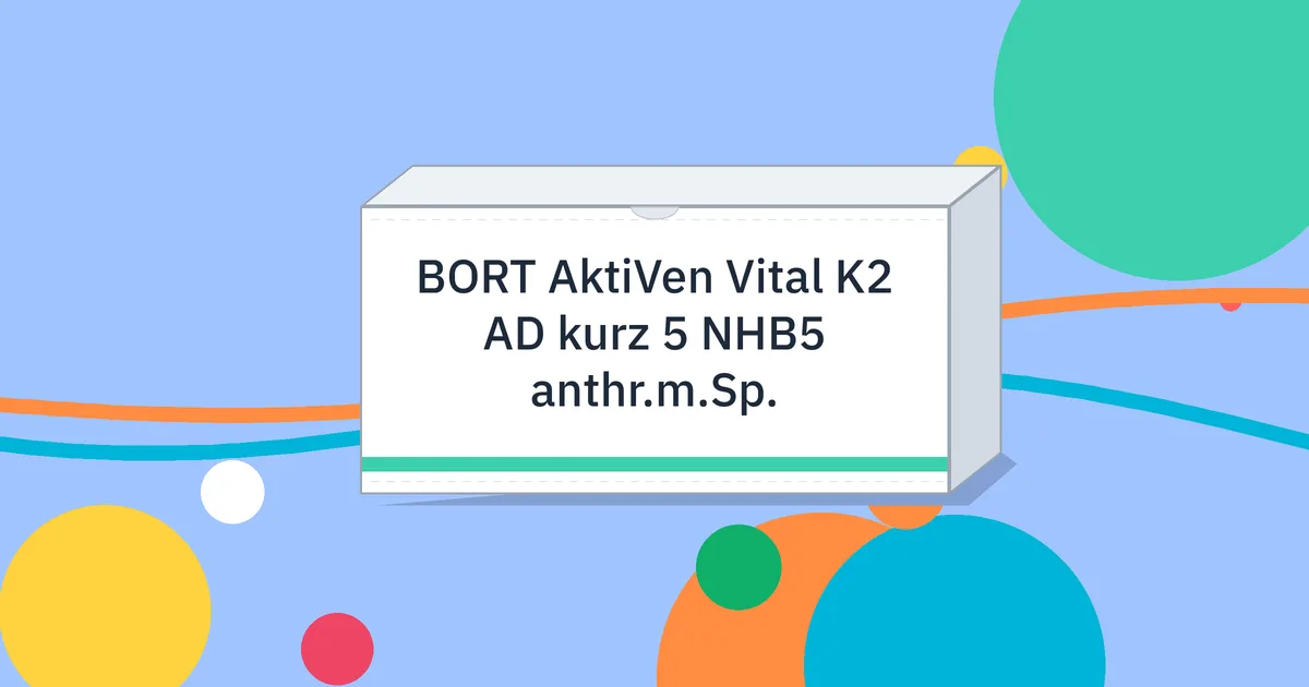 Symbolbild: Packung mit der Aufschrift BORT AktiVen Vital K2 AD kurz 5 NHB5 anthr.m.Sp. (PZN 17495098) – Verfügbarkeit und Bezug in Apotheken in Frankfurt am Main