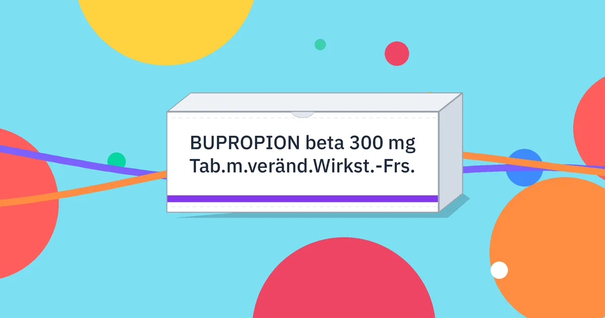 Symbolbild: Packung mit der Aufschrift BUPROPION beta 300 mg Tab.m.veränd.Wirkst.-Frs. (PZN 02055382) – Verfügbarkeit und Bezug in Apotheken in Frankfurt am Main