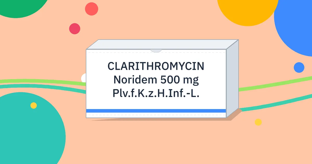 Symbolbild: Packung mit der Aufschrift CLARITHROMYCIN Noridem 500 mg Plv.f.K.z.H.Inf.-L. (PZN 17938176) – Verfügbarkeit und Bezug in Apotheken in Frankfurt am Main