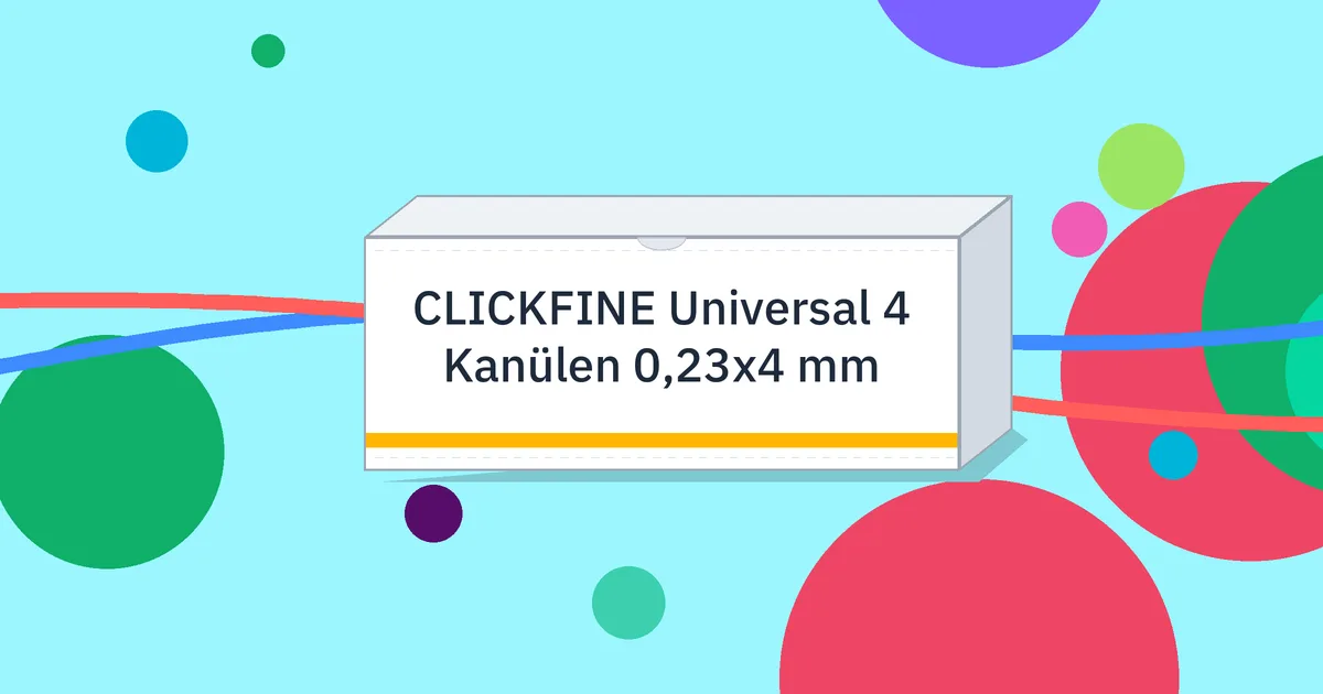 Symbolbild: Packung mit der Aufschrift CLICKFINE Universal 4 Kanülen 0,23x4 mm (PZN 19699267) – Verfügbarkeit und Bezug in Apotheken in Frankfurt am Main