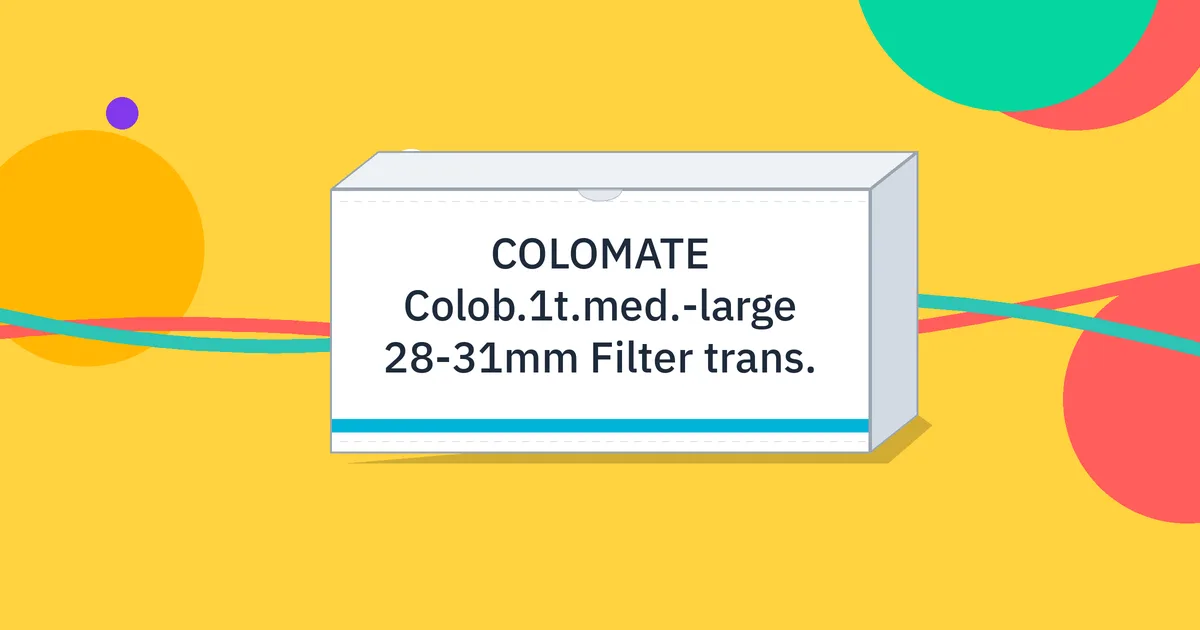 Symbolbild: Packung mit der Aufschrift COLOMATE Colob.1t.med.-large 28-31mm Filter trans. (PZN 10098394) – Verfügbarkeit und Bezug in Apotheken in Frankfurt am Main