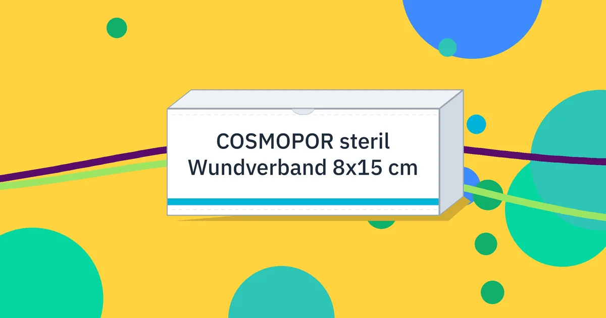 Symbolbild: Packung mit der Aufschrift COSMOPOR steril Wundverband 8x15 cm (PZN 10092635) – Verfügbarkeit und Bezug in Apotheken in Frankfurt am Main