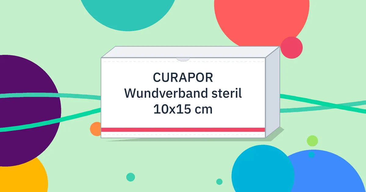 Symbolbild: Packung mit der Aufschrift CURAPOR Wundverband steril 10x15 cm (PZN 18658823) – Verfügbarkeit und Bezug in Apotheken in Frankfurt am Main