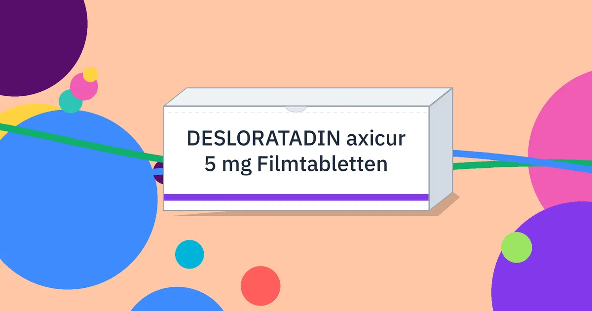 Symbolbild: Packung mit der Aufschrift DESLORATADIN axicur 5 mg Filmtabletten (PZN 20300980) – Verfügbarkeit und Bezug in Apotheken in Frankfurt am Main