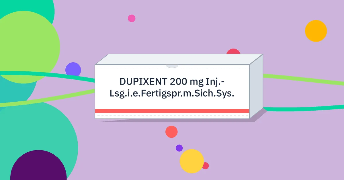 Symbolbild: Packung mit der Aufschrift DUPIXENT 200 mg Inj.-Lsg.i.e.Fertigspr.m.Sich.Sys. (PZN 16879098) – Verfügbarkeit und Bezug in Apotheken in Frankfurt am Main