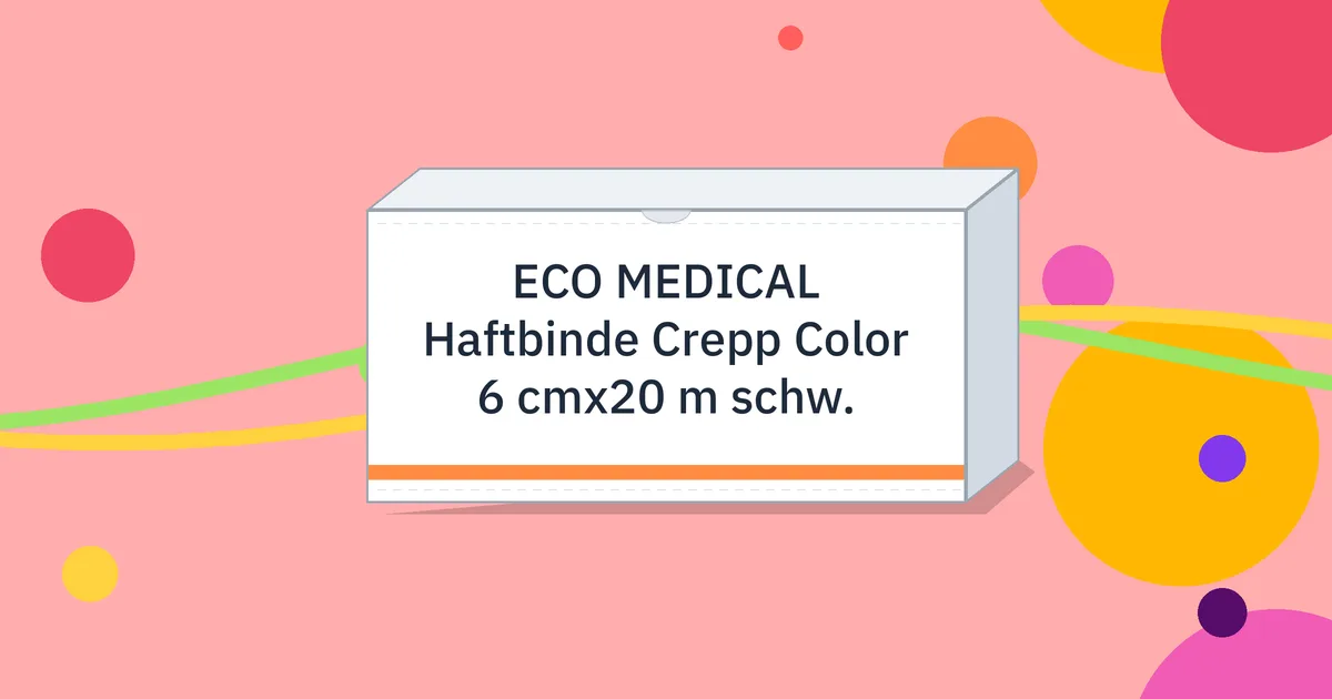 Symbolbild: Packung mit der Aufschrift ECO MEDICAL Haftbinde Crepp Color 6 cmx20 m schw. (PZN 01322941) – Verfügbarkeit und Bezug in Apotheken in Frankfurt am Main