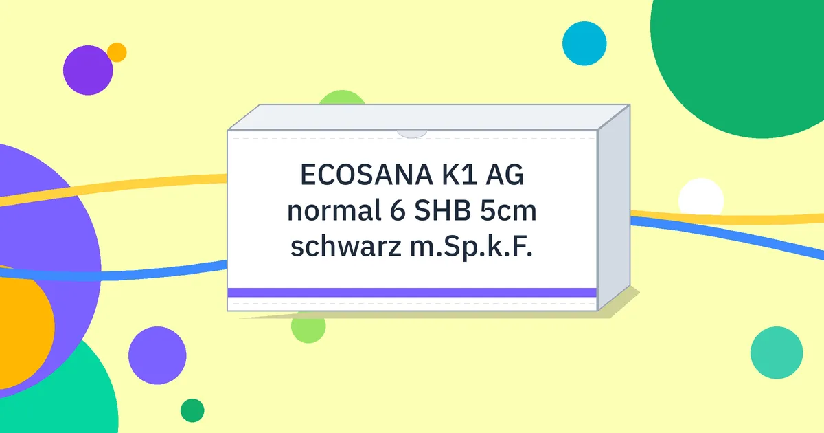 Symbolbild: Packung mit der Aufschrift ECOSANA K1 AG normal 6 SHB 5cm schwarz m.Sp.k.F. (PZN 04729554) – Verfügbarkeit und Bezug in Apotheken in Frankfurt am Main