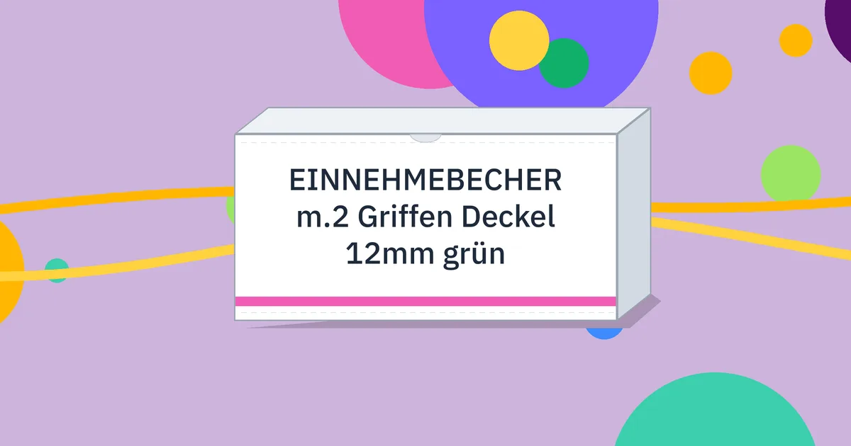 Symbolbild: Packung mit der Aufschrift EINNEHMEBECHER m.2 Griffen Deckel 12mm grün (PZN 10124128) – Verfügbarkeit und Bezug in Apotheken in Frankfurt am Main