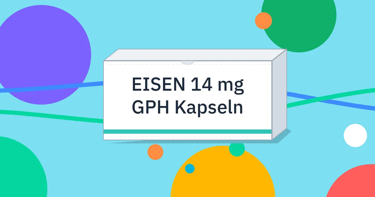 Symbolbild: Packung mit der Aufschrift EISEN 14 mg GPH Kapseln (PZN 00883442) – Verfügbarkeit und Bezug in Apotheken in Frankfurt am Main