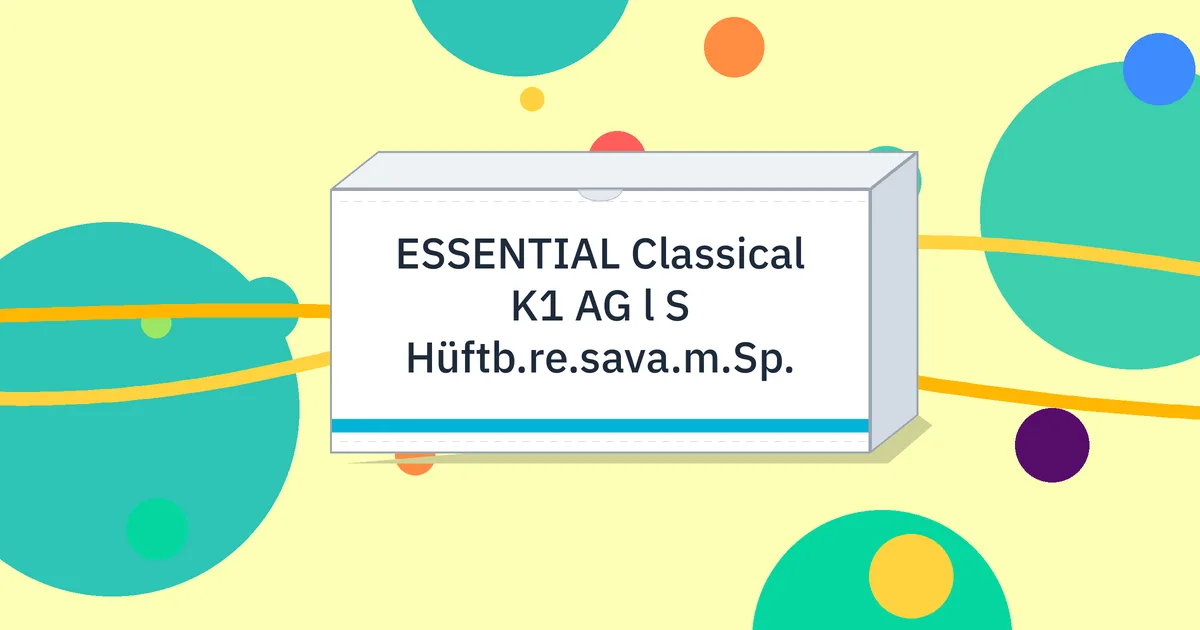Symbolbild: Packung mit der Aufschrift ESSENTIAL Classical K1 AG l S Hüftb.re.sava.m.Sp. (PZN 17012987) – Verfügbarkeit und Bezug in Apotheken in Frankfurt am Main