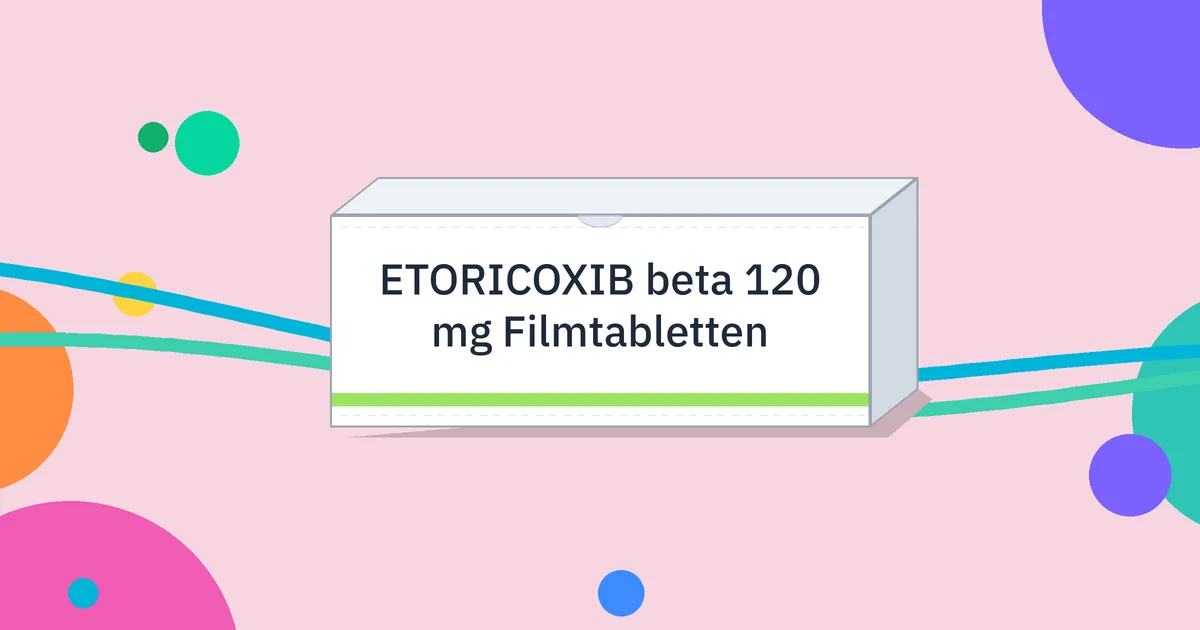 Symbolbild: Packung mit der Aufschrift ETORICOXIB beta 120 mg Filmtabletten (PZN 12444305) – Verfügbarkeit und Bezug in Apotheken in Frankfurt am Main