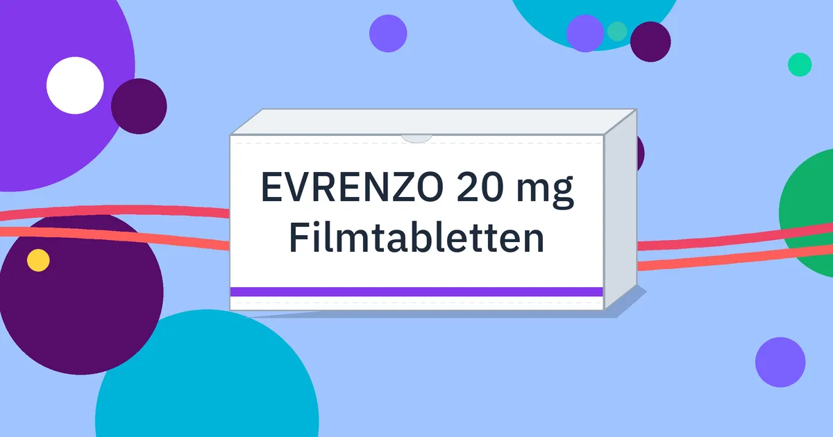 Symbolbild: Packung mit der Aufschrift EVRENZO 20 mg Filmtabletten (PZN 20039607) – Verfügbarkeit und Bezug in Apotheken in Frankfurt am Main