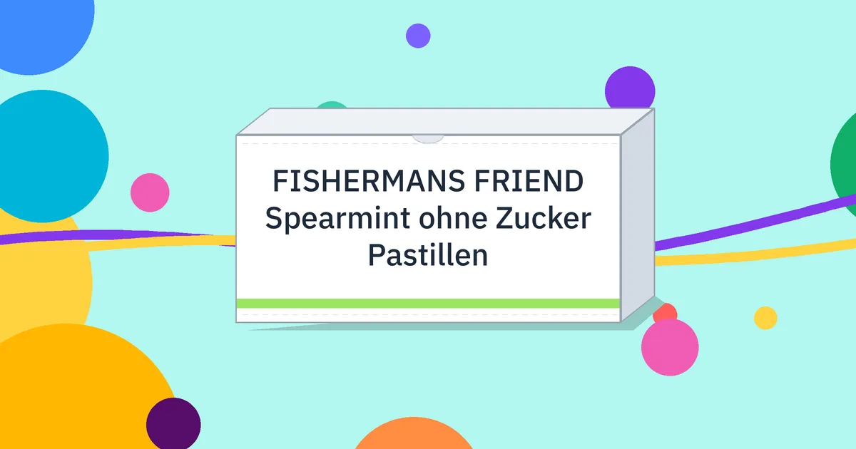 Symbolbild: Packung mit der Aufschrift FISHERMANS FRIEND Spearmint ohne Zucker Pastillen (PZN 02187095) – Verfügbarkeit und Bezug in Apotheken in Frankfurt am Main