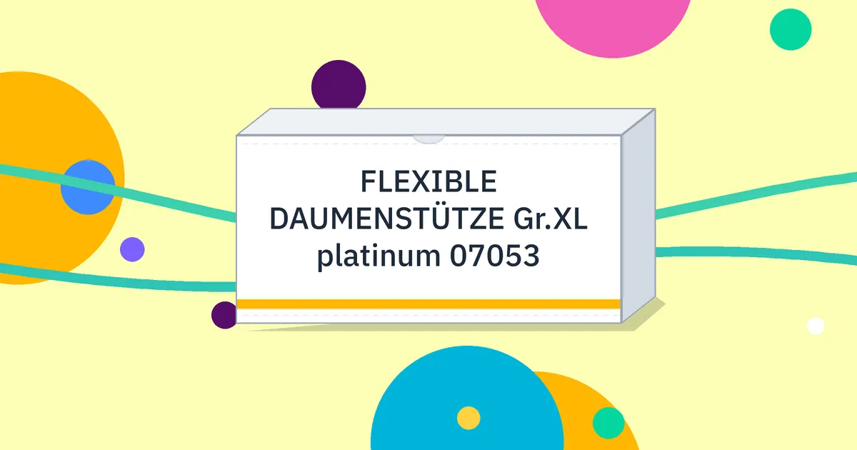 Symbolbild: Packung mit der Aufschrift FLEXIBLE DAUMENSTÜTZE Gr.XL platinum 07053 (PZN 01651231) – Verfügbarkeit und Bezug in Apotheken in Frankfurt am Main