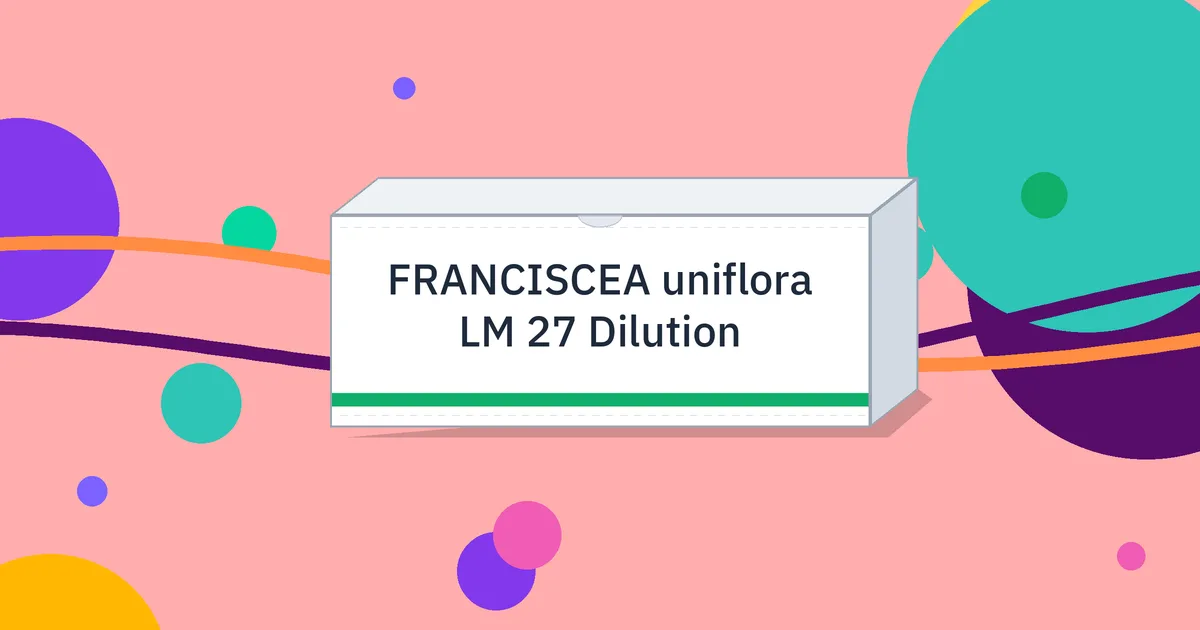 Symbolbild: Packung mit der Aufschrift FRANCISCEA uniflora LM 27 Dilution (PZN 13491287) – Verfügbarkeit und Bezug in Apotheken in Frankfurt am Main