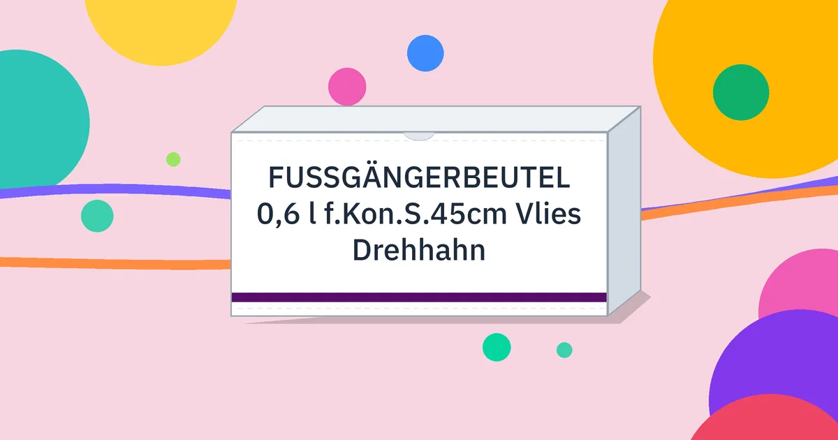 Symbolbild: Packung mit der Aufschrift FUSSGÄNGERBEUTEL 0,6 l f.Kon.S.45cm Vlies Drehhahn (PZN 06095792) – Verfügbarkeit und Bezug in Apotheken in Frankfurt am Main