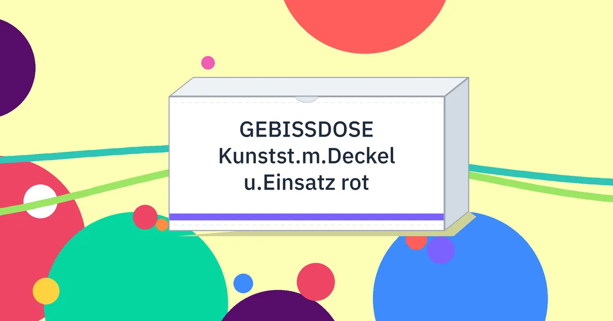 Symbolbild: Packung mit der Aufschrift GEBISSDOSE Kunstst.m.Deckel u.Einsatz rot (PZN 19898021) – Verfügbarkeit und Bezug in Apotheken in Frankfurt am Main