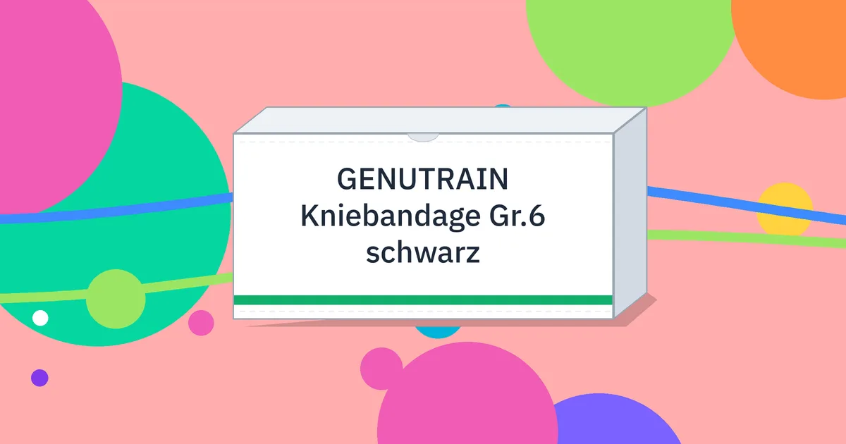 Symbolbild: Packung mit der Aufschrift GENUTRAIN Kniebandage Gr.6 schwarz (PZN 07551536) – Verfügbarkeit und Bezug in Apotheken in Frankfurt am Main
