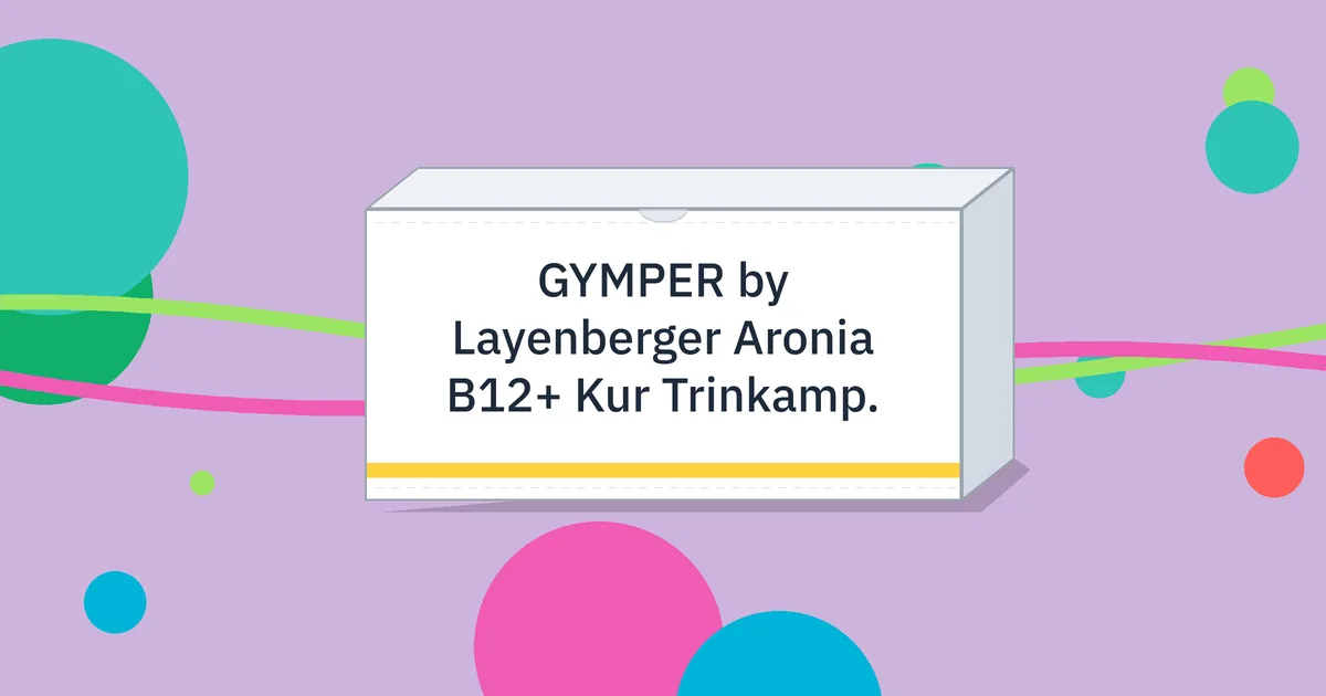 Symbolbild: Packung mit der Aufschrift GYMPER by Layenberger Aronia B12+ Kur Trinkamp. (PZN 15623586) – Verfügbarkeit und Bezug in Apotheken in Frankfurt am Main