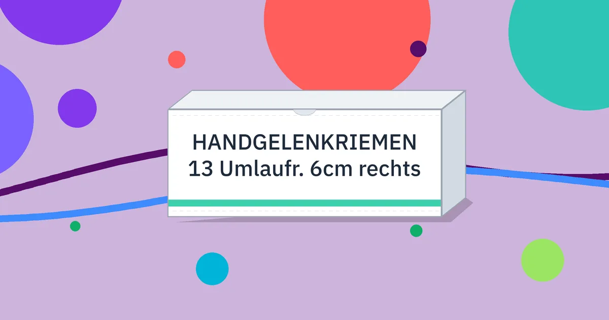 Symbolbild: Packung mit der Aufschrift HANDGELENKRIEMEN 13 Umlaufr. 6cm rechts (PZN 02008342) – Verfügbarkeit und Bezug in Apotheken in Frankfurt am Main