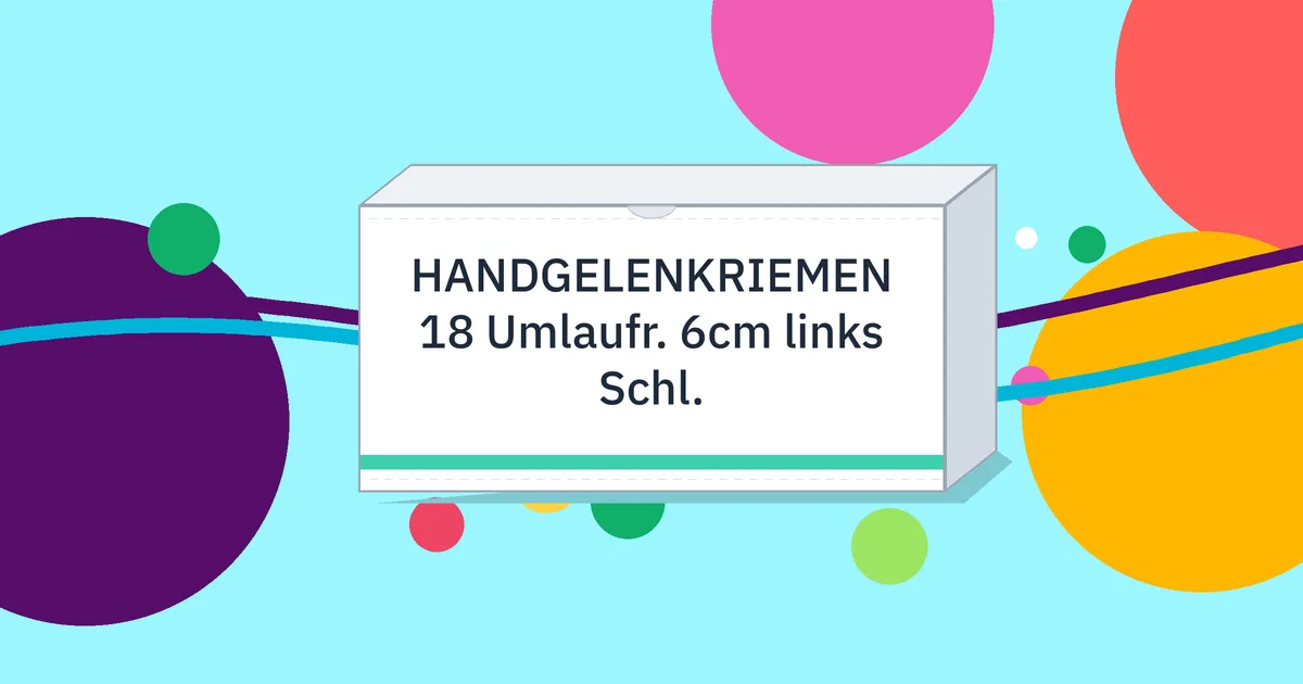 Symbolbild: Packung mit der Aufschrift HANDGELENKRIEMEN 18 Umlaufr. 6cm links Schl. (PZN 01963077) – Verfügbarkeit und Bezug in Apotheken in Frankfurt am Main