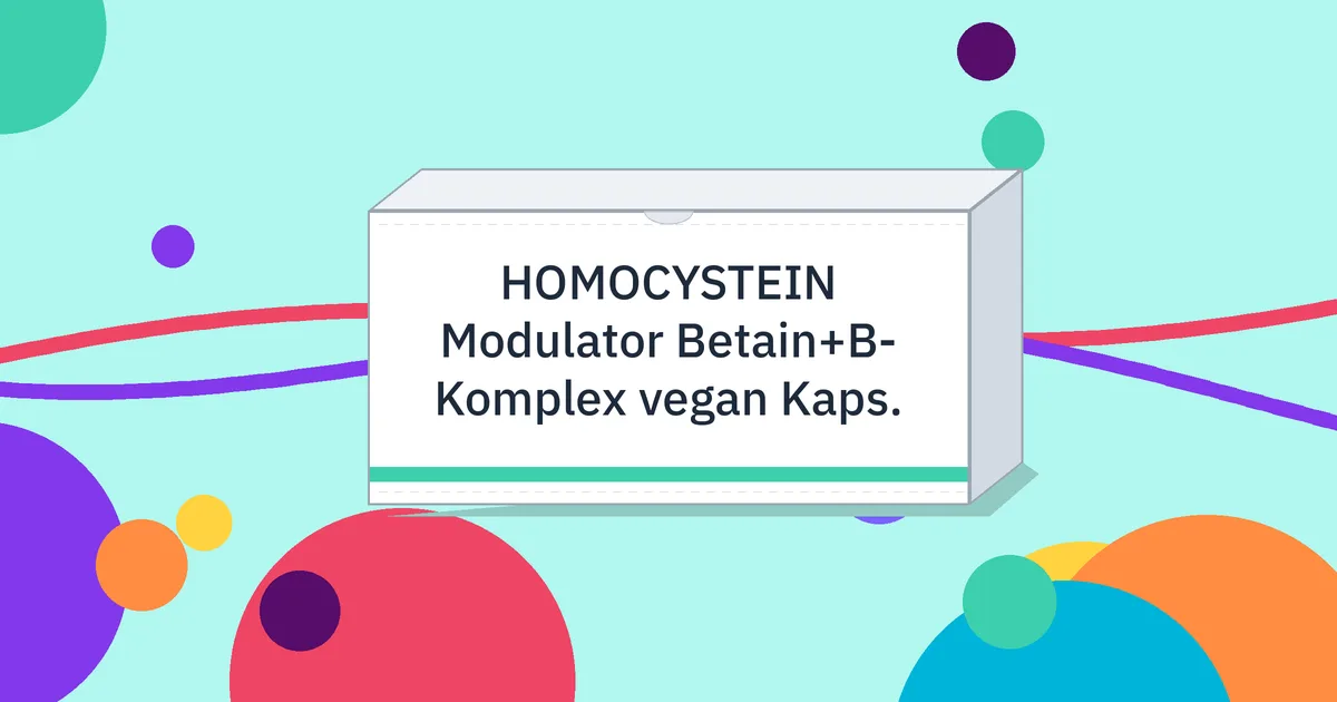 Symbolbild: Packung mit der Aufschrift HOMOCYSTEIN Modulator Betain+B-Komplex vegan Kaps. (PZN 19679738) – Verfügbarkeit und Bezug in Apotheken in Frankfurt am Main