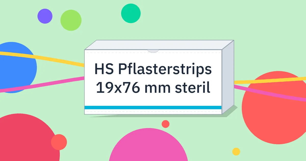 Symbolbild: Packung mit der Aufschrift HS Pflasterstrips 19x76 mm steril (PZN 06436483) – Verfügbarkeit und Bezug in Apotheken in Frankfurt am Main