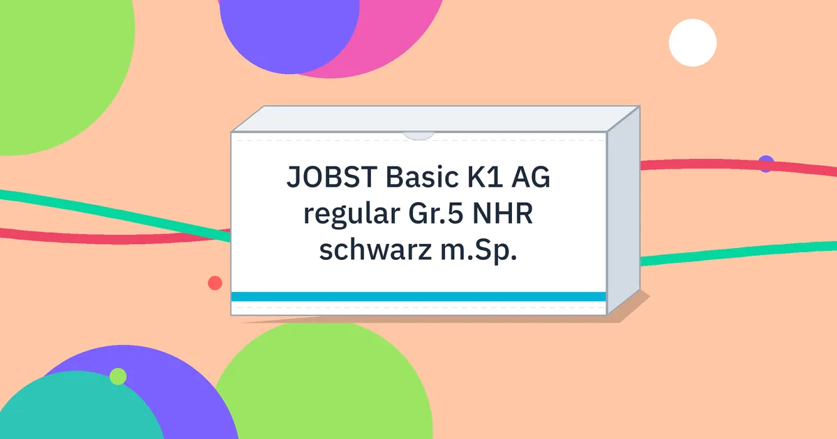 Symbolbild: Packung mit der Aufschrift JOBST Basic K1 AG regular Gr.5 NHR schwarz m.Sp. (PZN 15309890) – Verfügbarkeit und Bezug in Apotheken in Frankfurt am Main