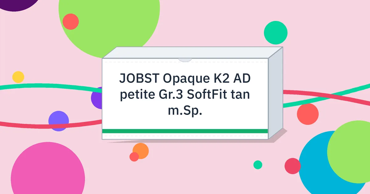 Symbolbild: Packung mit der Aufschrift JOBST Opaque K2 AD petite Gr.3 SoftFit tan m.Sp. (PZN 16279079) – Verfügbarkeit und Bezug in Apotheken in Frankfurt am Main