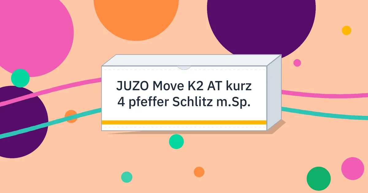 Symbolbild: Packung mit der Aufschrift JUZO Move K2 AT kurz 4 pfeffer Schlitz m.Sp. (PZN 20674752) – Verfügbarkeit und Bezug in Apotheken in Frankfurt am Main