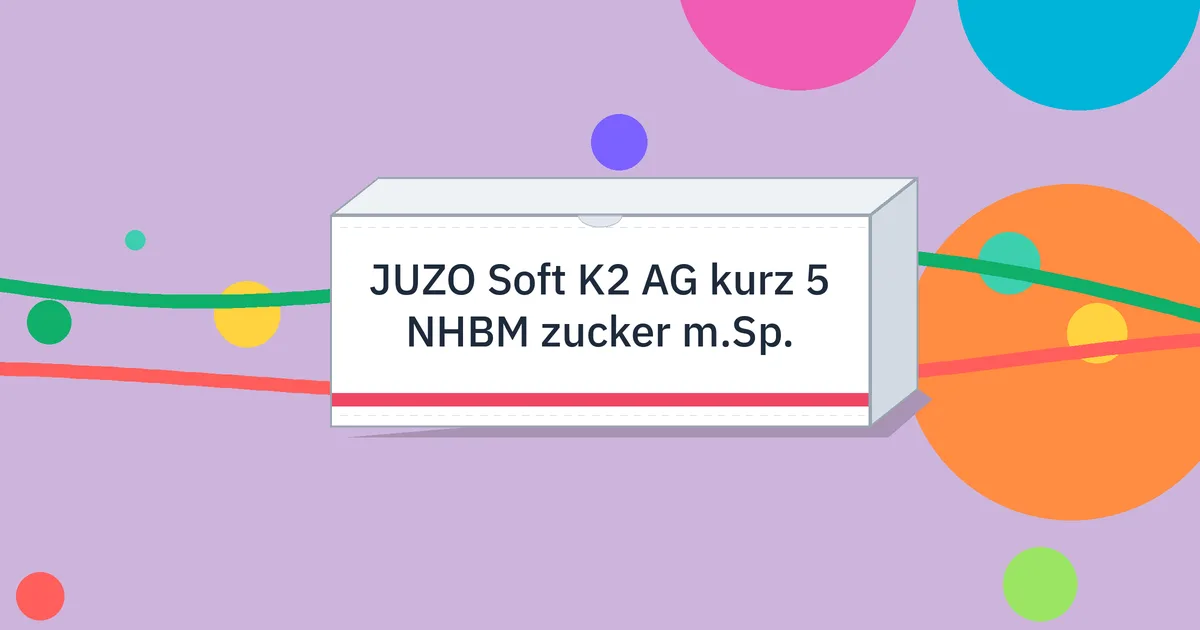 Symbolbild: Packung mit der Aufschrift JUZO Soft K2 AG kurz 5 NHBM zucker m.Sp. (PZN 15020876) – Verfügbarkeit und Bezug in Apotheken in Frankfurt am Main