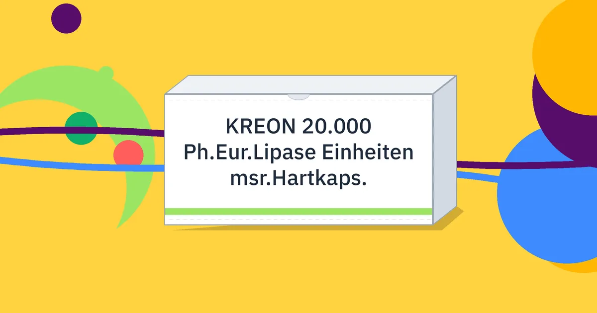 Symbolbild: Packung mit der Aufschrift KREON 20.000 Ph.Eur.Lipase Einheiten msr.Hartkaps. (PZN 14327673) – Verfügbarkeit und Bezug in Apotheken in Frankfurt am Main
