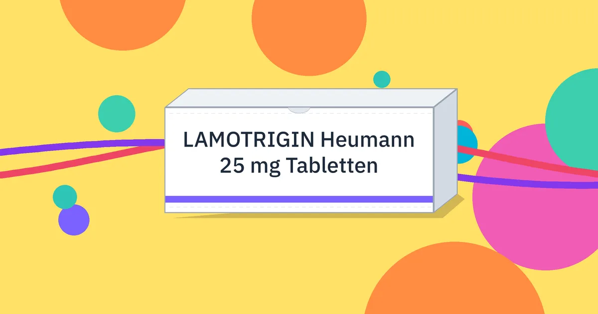 Symbolbild: Packung mit der Aufschrift LAMOTRIGIN Heumann 25 mg Tabletten (PZN 03885950) – Verfügbarkeit und Bezug in Apotheken in Frankfurt am Main