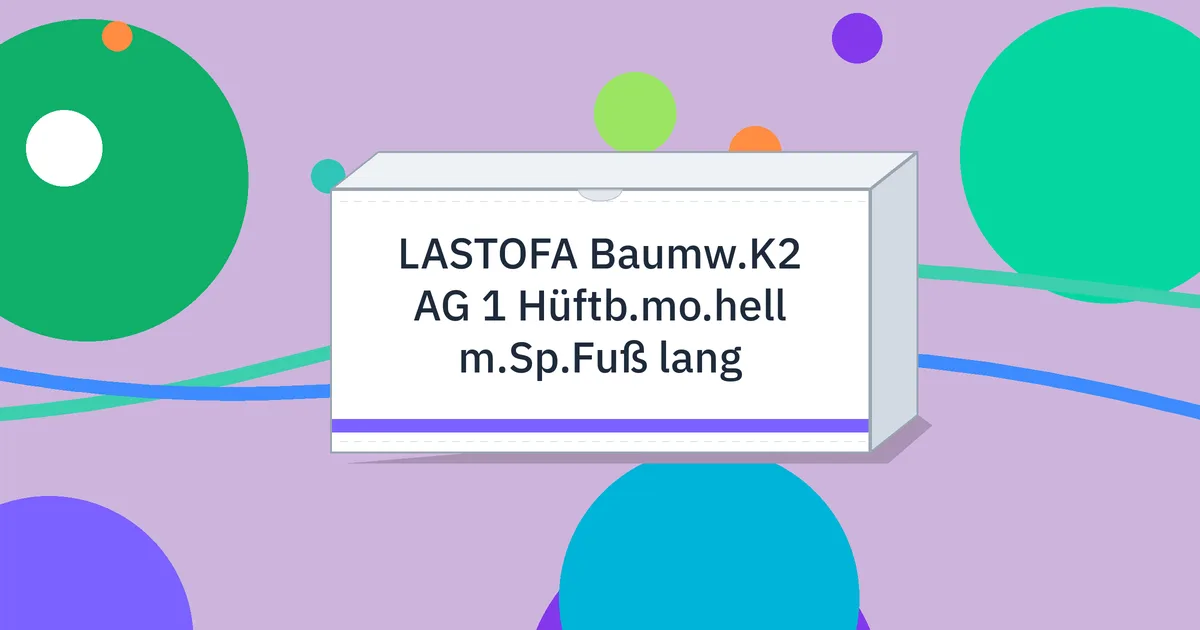 Symbolbild: Packung mit der Aufschrift LASTOFA Baumw.K2 AG 1 Hüftb.mo.hell m.Sp.Fuß lang (PZN 01948600) – Verfügbarkeit und Bezug in Apotheken in Frankfurt am Main