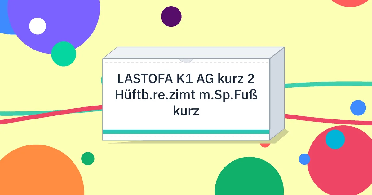 Symbolbild: Packung mit der Aufschrift LASTOFA K1 AG kurz 2 Hüftb.re.zimt m.Sp.Fuß kurz (PZN 13797655) – Verfügbarkeit und Bezug in Apotheken in Frankfurt am Main