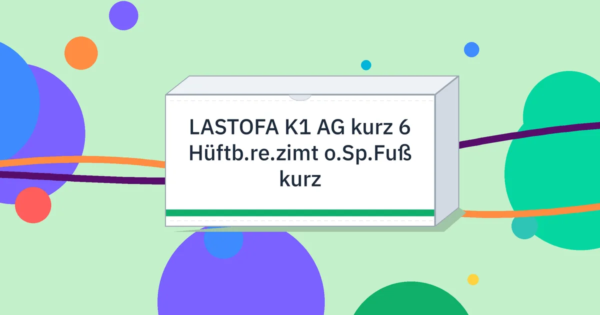 Symbolbild: Packung mit der Aufschrift LASTOFA K1 AG kurz 6 Hüftb.re.zimt o.Sp.Fuß kurz (PZN 13799128) – Verfügbarkeit und Bezug in Apotheken in Frankfurt am Main