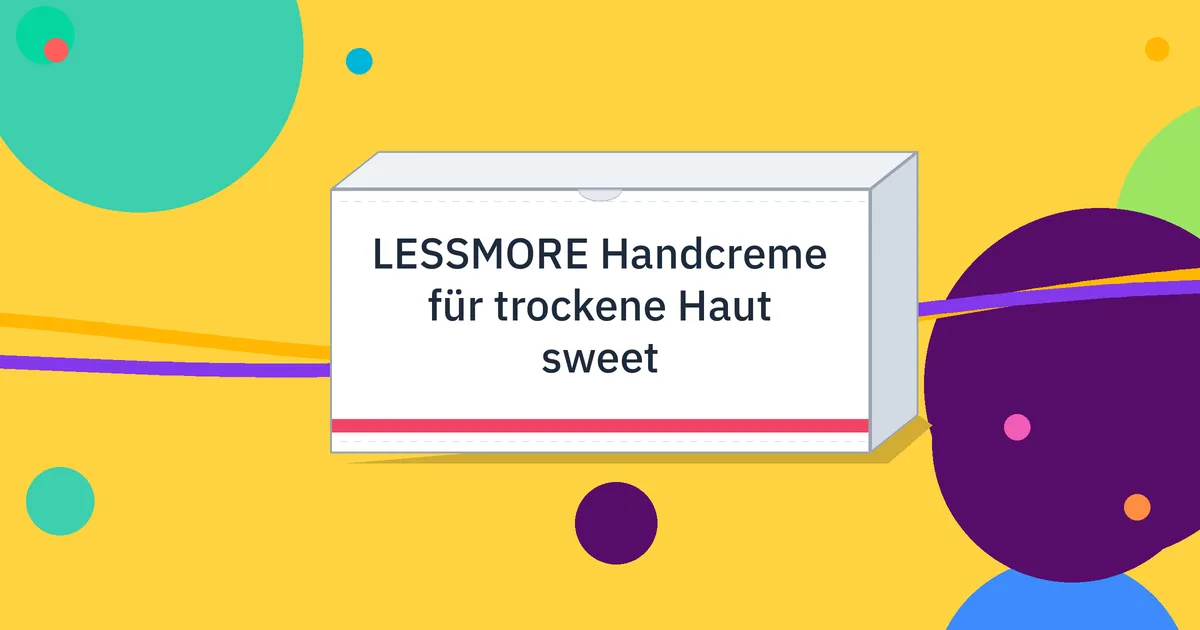 Symbolbild: Packung mit der Aufschrift LESSMORE Handcreme für trockene Haut sweet (PZN 19149756) – Verfügbarkeit und Bezug in Apotheken in Frankfurt am Main