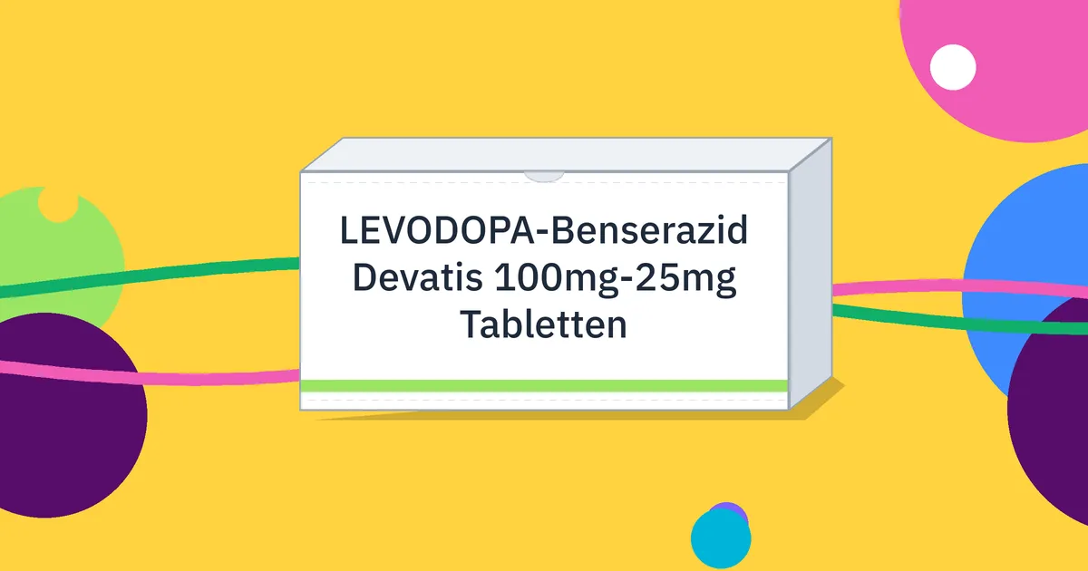 Symbolbild: Packung mit der Aufschrift LEVODOPA-Benserazid Devatis 100mg-25mg Tabletten (PZN 16856683) – Verfügbarkeit und Bezug in Apotheken in Frankfurt am Main