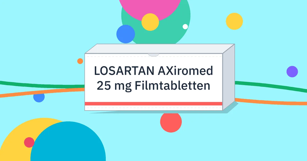 Symbolbild: Packung mit der Aufschrift LOSARTAN AXiromed 25 mg Filmtabletten (PZN 13817369) – Verfügbarkeit und Bezug in Apotheken in Frankfurt am Main