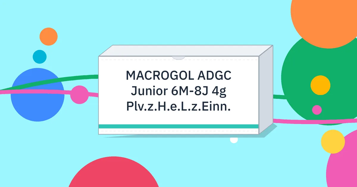 Symbolbild: Packung mit der Aufschrift MACROGOL ADGC Junior 6M-8J 4g Plv.z.H.e.L.z.Einn. (PZN 19379947) – Verfügbarkeit und Bezug in Apotheken in Frankfurt am Main