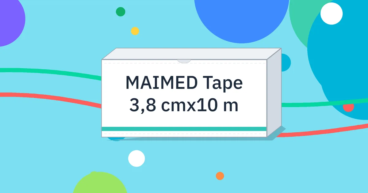 Symbolbild: Packung mit der Aufschrift MAIMED Tape 3,8 cmx10 m (PZN 05387446) – Verfügbarkeit und Bezug in Apotheken in Frankfurt am Main