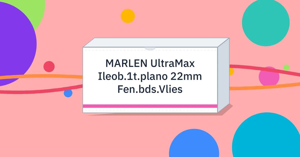 Symbolbild: Packung mit der Aufschrift MARLEN UltraMax Ileob.1t.plano 22mm Fen.bds.Vlies (PZN 05354599) – Verfügbarkeit und Bezug in Apotheken in Frankfurt am Main