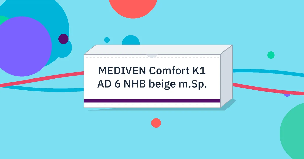 Symbolbild: Packung mit der Aufschrift MEDIVEN Comfort K1 AD 6 NHB beige m.Sp. (PZN 14560748) – Verfügbarkeit und Bezug in Apotheken in Frankfurt am Main