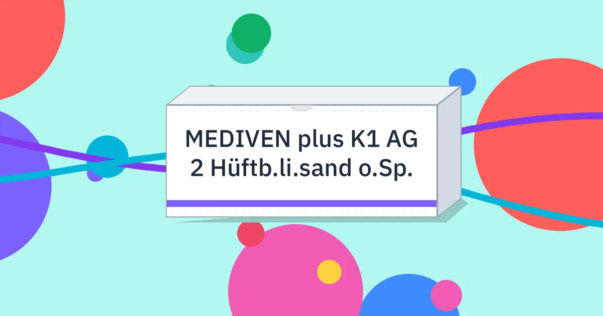 Symbolbild: Packung mit der Aufschrift MEDIVEN plus K1 AG 2 Hüftb.li.sand o.Sp. (PZN 18938592) – Verfügbarkeit und Bezug in Apotheken in Frankfurt am Main