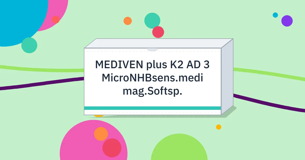 Symbolbild: Packung mit der Aufschrift MEDIVEN plus K2 AD 3 MicroNHBsens.medi mag.Softsp. (PZN 15932904) – Verfügbarkeit und Bezug in Apotheken in Frankfurt am Main