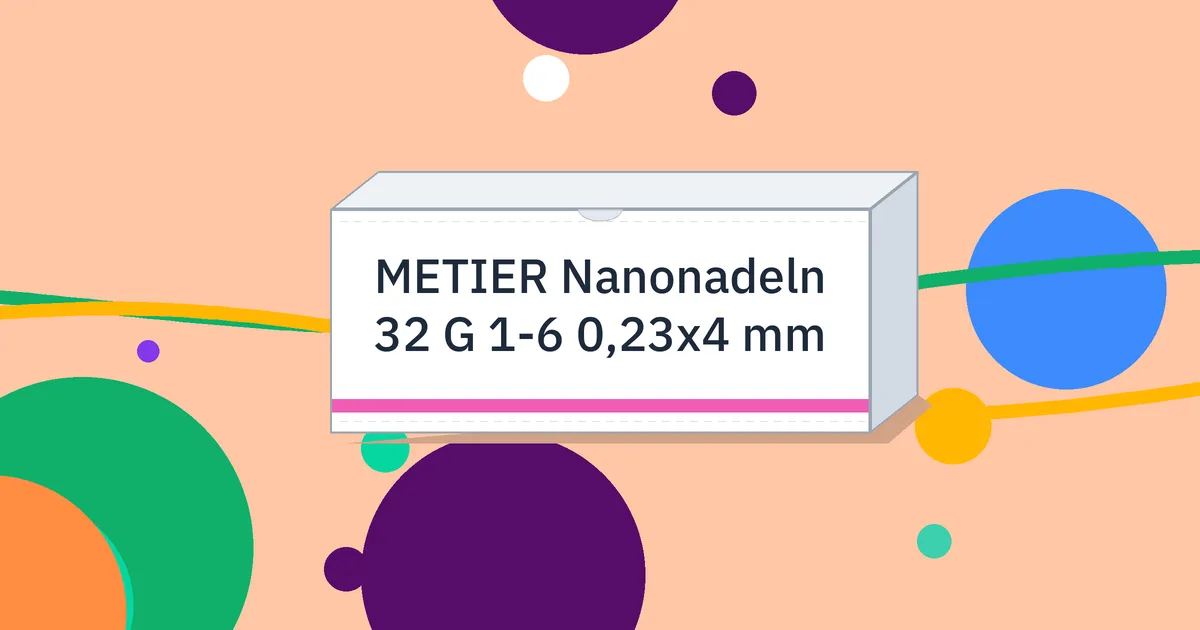 Symbolbild: Packung mit der Aufschrift METIER Nanonadeln 32 G 1-6 0,23x4 mm (PZN 18789005) – Verfügbarkeit und Bezug in Apotheken in Frankfurt am Main