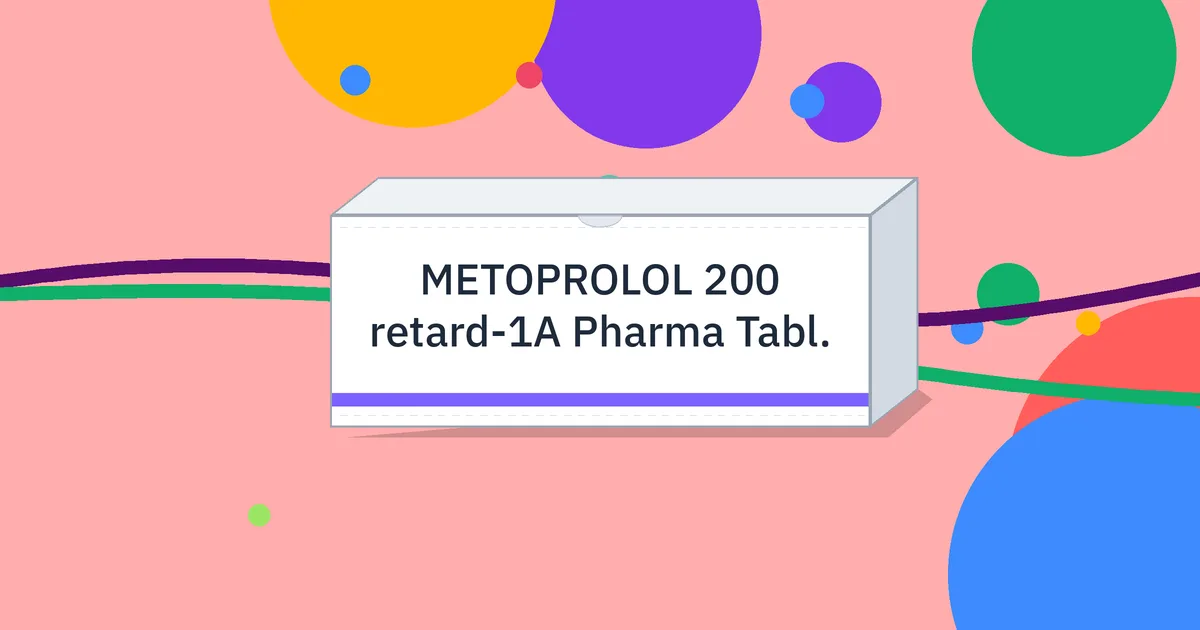 Symbolbild: Packung mit der Aufschrift METOPROLOL 200 retard-1A Pharma Tabl. (PZN 08533948) – Verfügbarkeit und Bezug in Apotheken in Frankfurt am Main